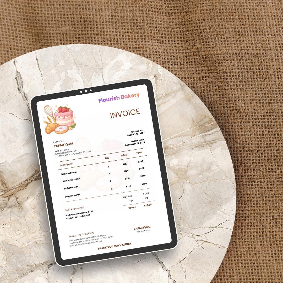 Editable Bakery Invoice Template – Printable Billing Form (instant ...