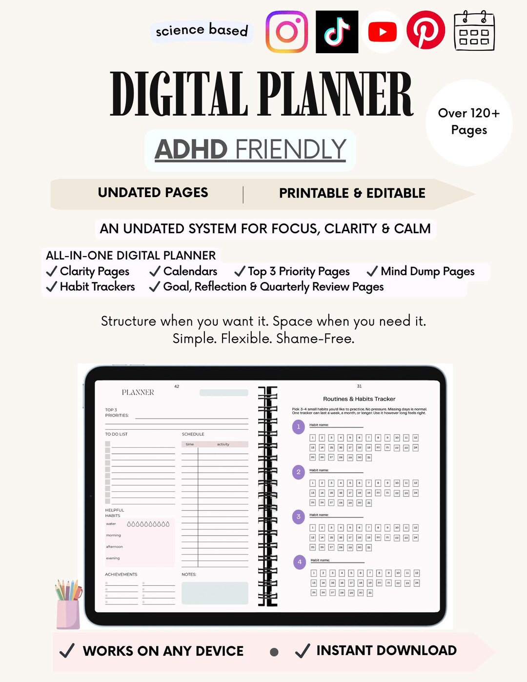 ADHD Digital Planner | Undated Printable Planner | 120+ Pages | Daily ...