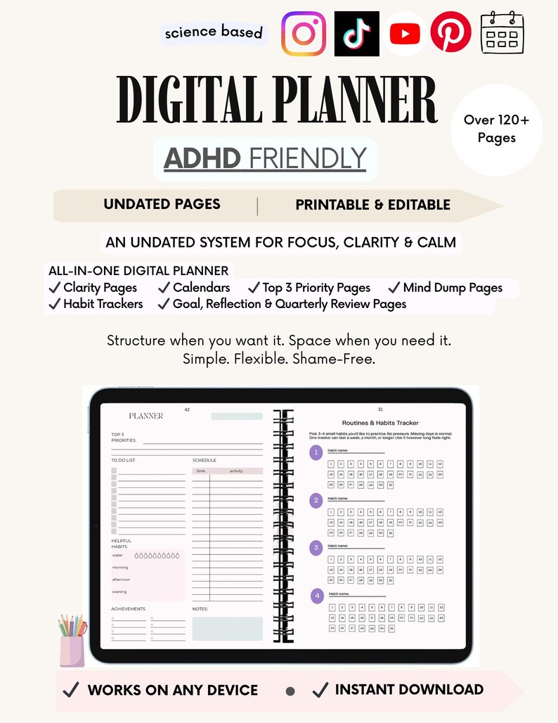 ADHD Digital Planner | Undated Printable Planner | 120+ Pages | Daily ...