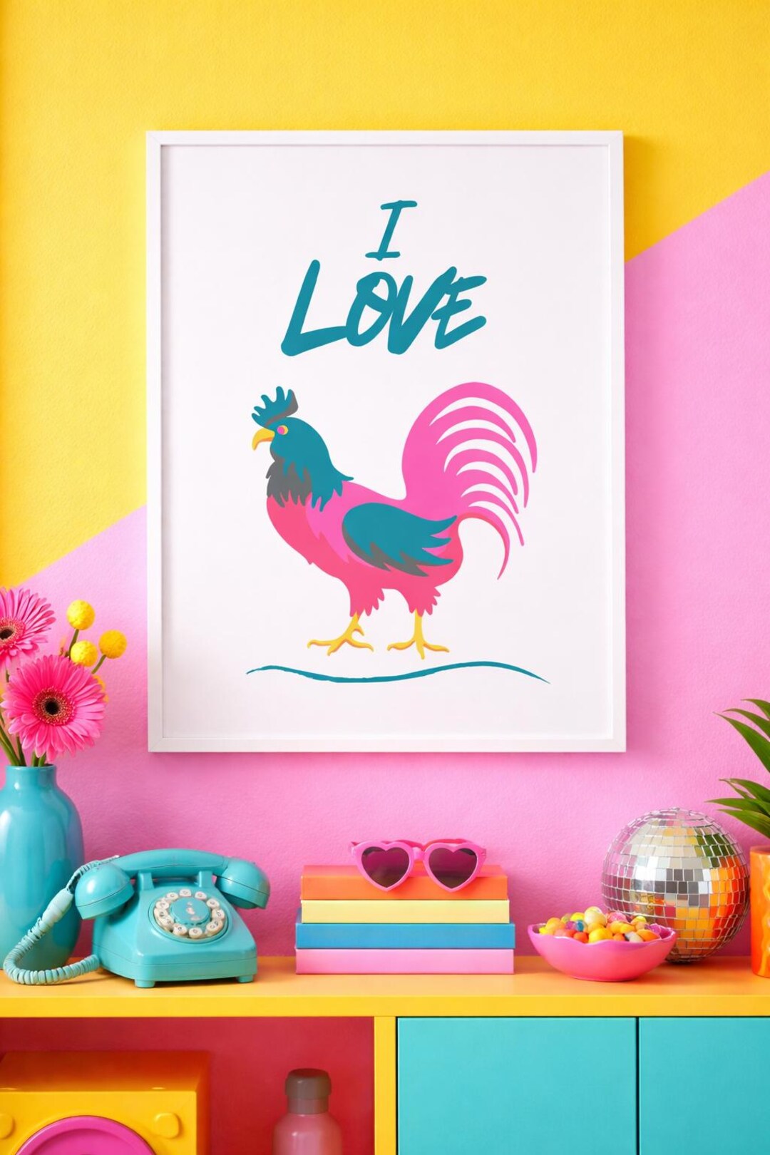 I Love Cockerel Art Print – Retro Pink Teal Animal Wall Decor - Rude ...