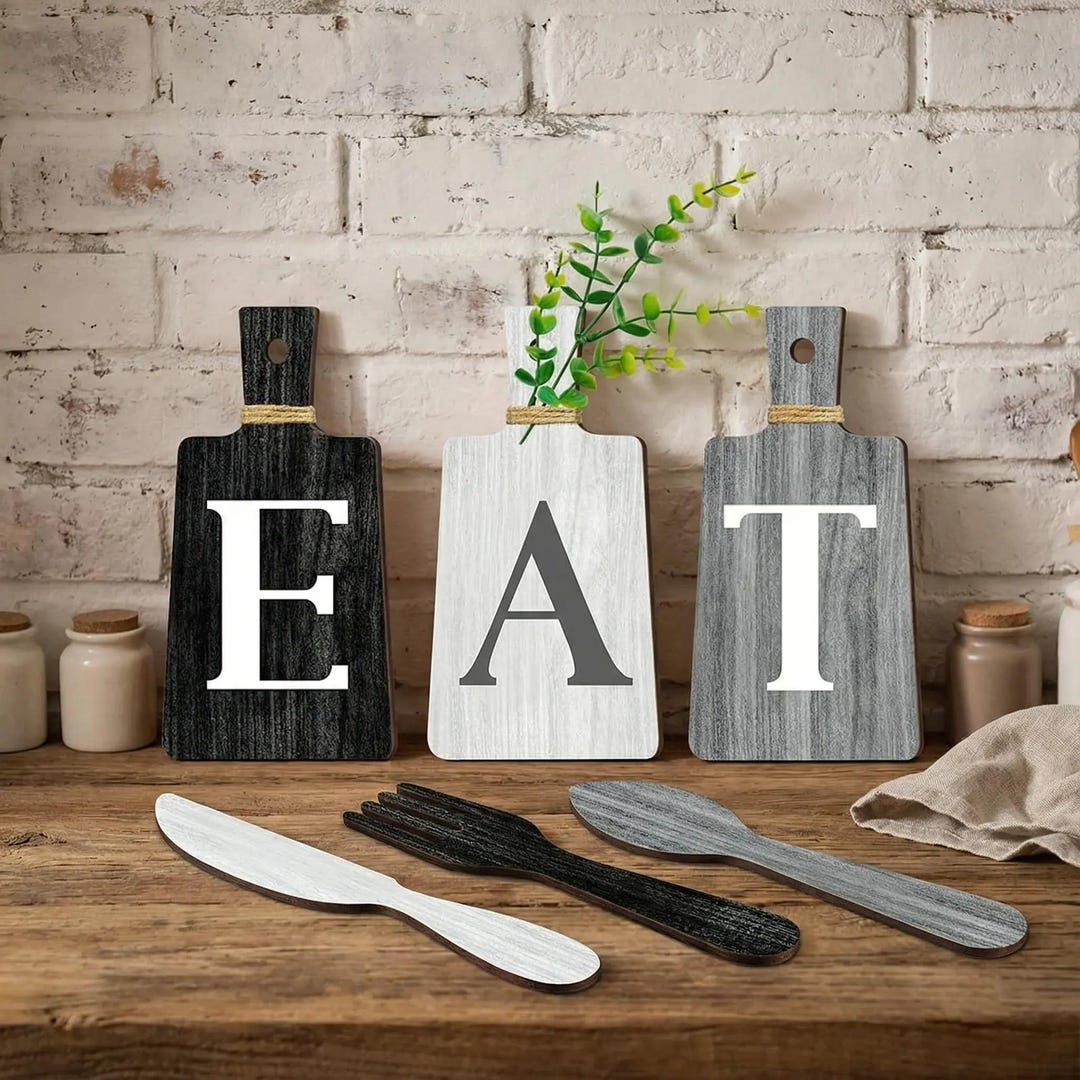 6pc Rustic Farmhouse Kitchen Decor Set | Wooden Eat Sign, Fork & Spoon ...