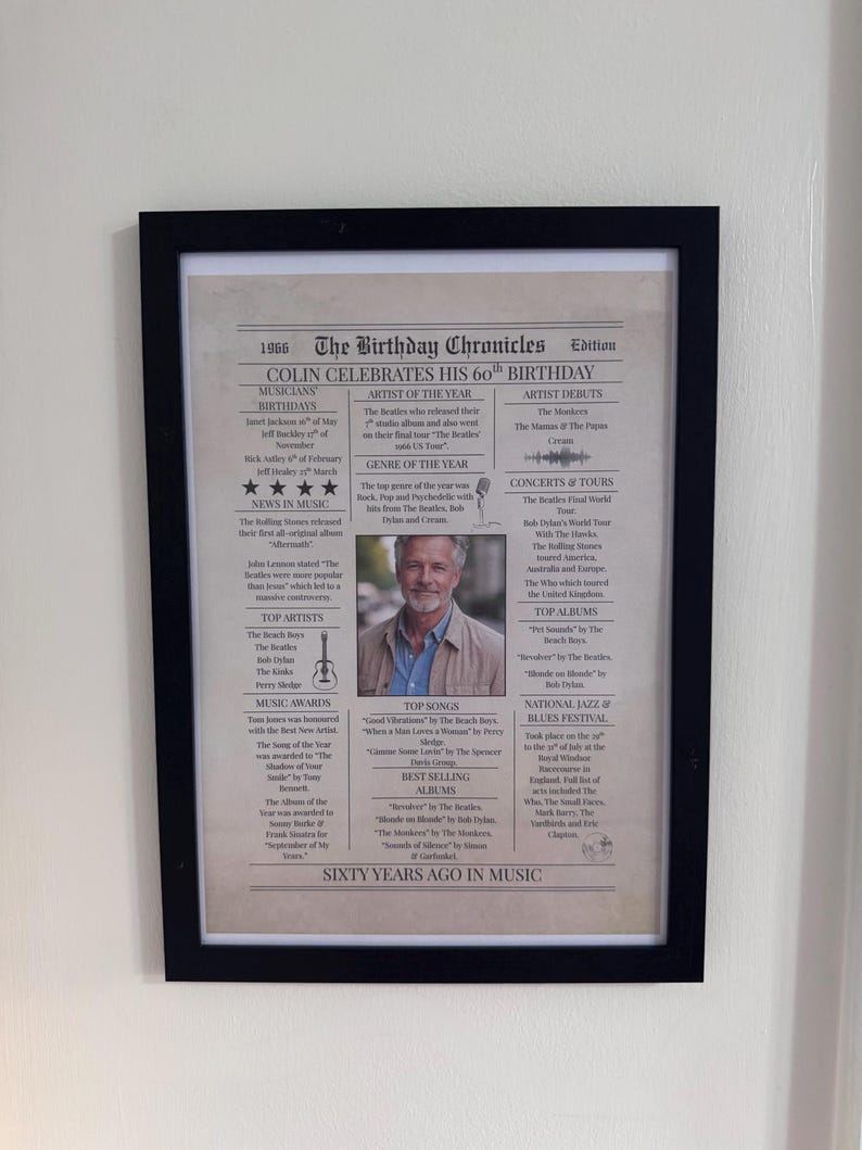60th Birthday Music Newspaper Print | Personalised Vintage Front Page ...