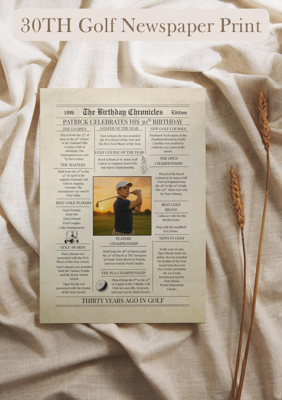 30TH Birthday Golf Themed Newspaper Print | A4 Custom Photo and Name ...
