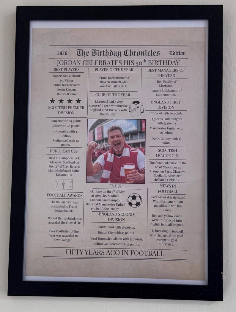 50TH Birthday Football Themed Newspaper Print | A4 Custom Photo and ...