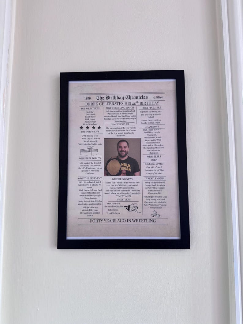 Personalised Wrestling 40th Birthday Newspaper Print | (digital ...
