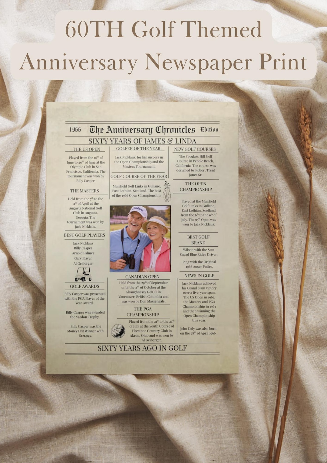 Personalized 60th Anniversary Golf Newspaper Print Custom Photo