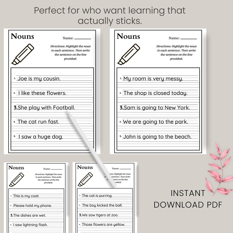 Noun Identification Worksheets for Kids | Highlight the Noun & Rewrite ...
