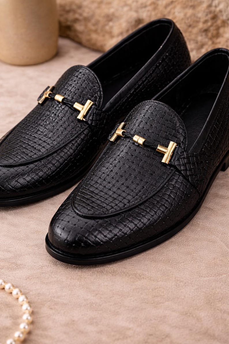 Handmade Black Woven Leather Loafers – Gold Horsebit Slip on Dress ...