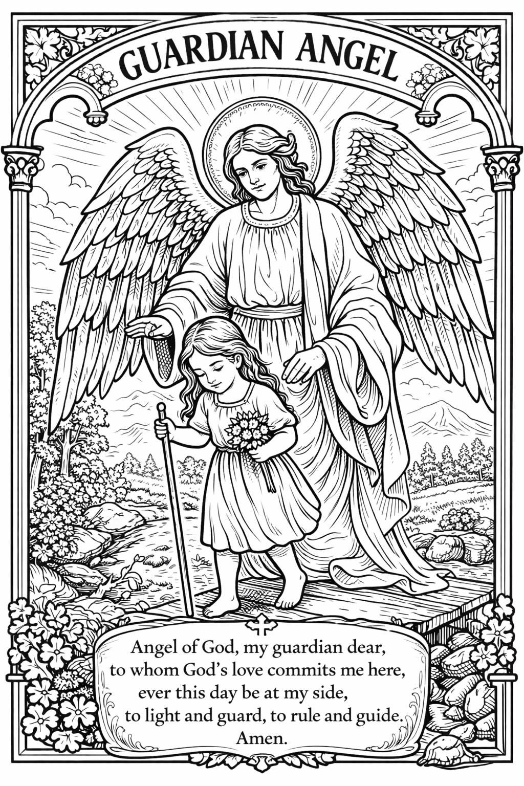 Guardian Angel Catholic Coloring Page (girl Version) - Etsy