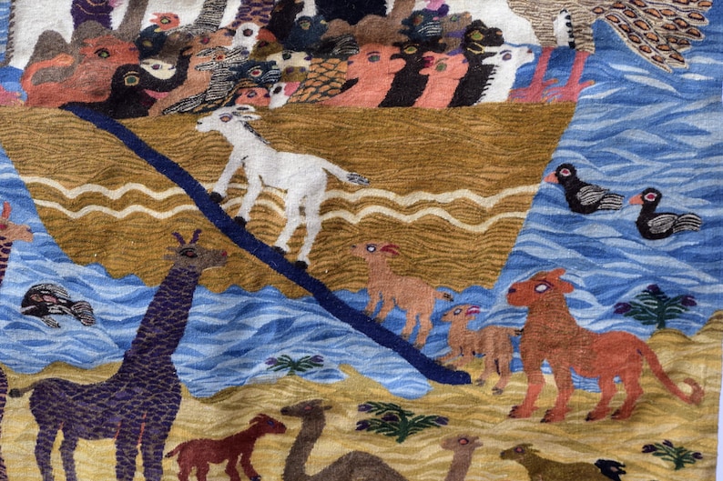 Noah's Ark Wool Tapestry – Handmade 1988 Egyptian Folk Art Wall Hanging ...