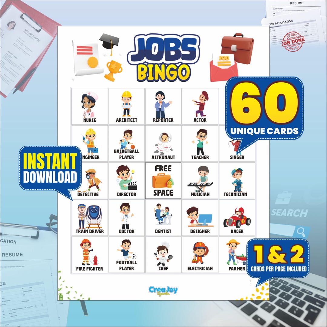 Jobs Bingo Printable Game | 60 Unique Bingo Cards | Fun Learning ...
