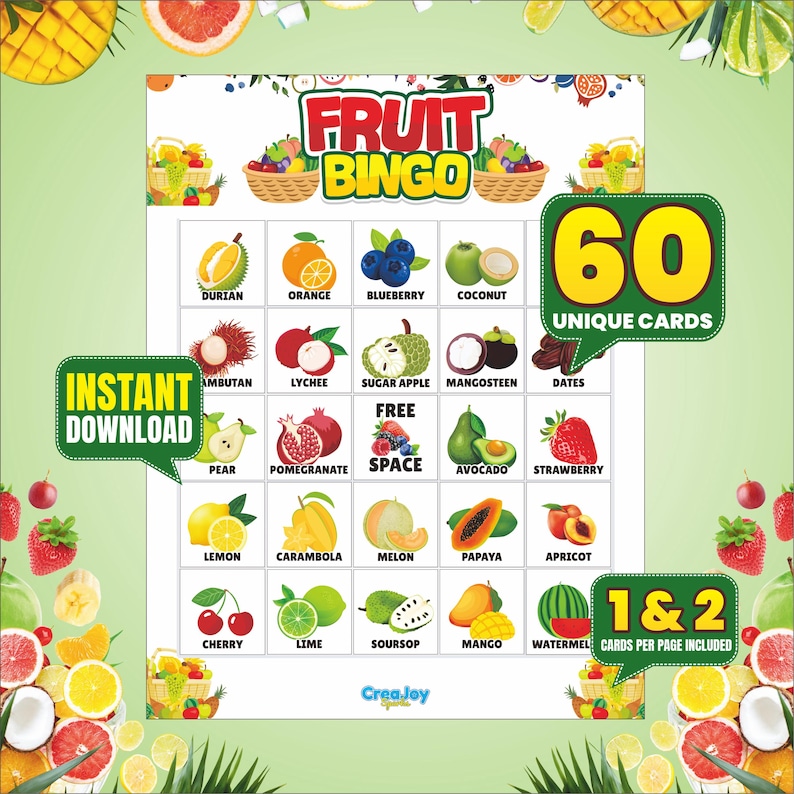 Fruit Bingo Game | 60 Unique Bingo Cards | Fun Party Activity for Kids ...