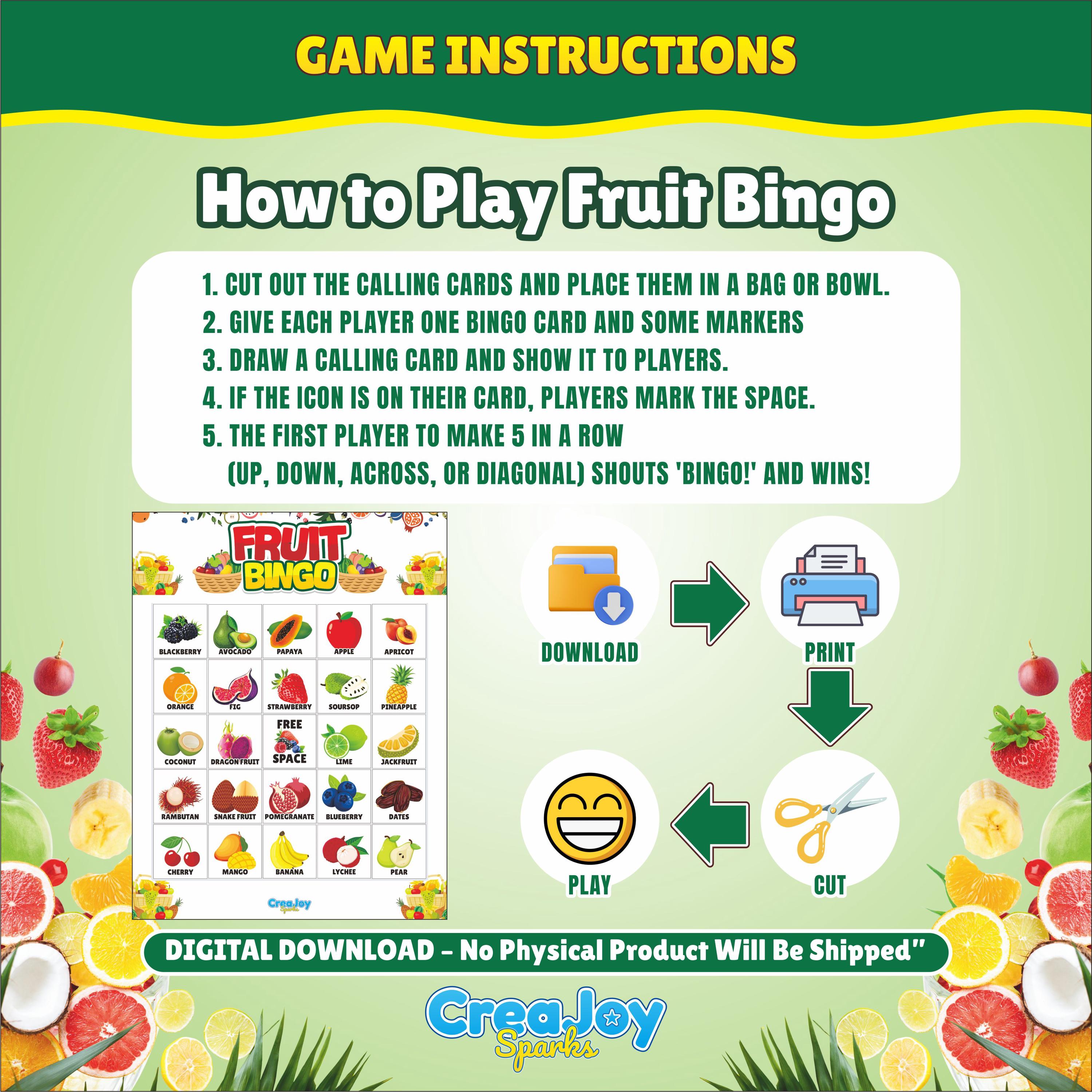 Fruit Bingo Game | 60 Unique Bingo Cards | Fun Party Activity for Kids ...