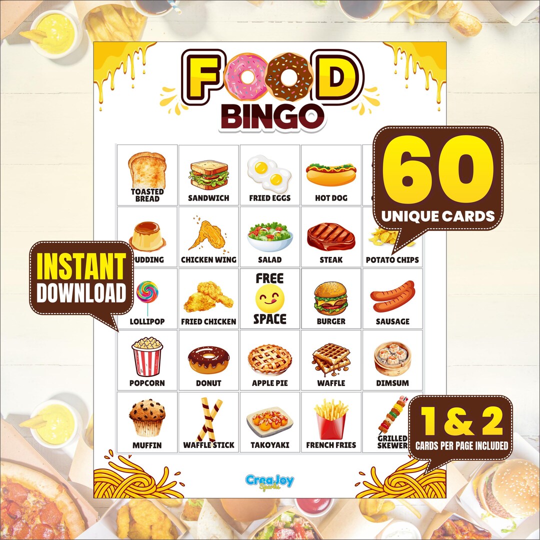 Food Bingo Game | 60 Unique Bingo Cards | Fun Party Activity for Kids ...