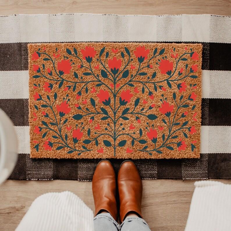 Retro Poppy Coir Doormat, Boho Floral Welcome Mat - Etsy
