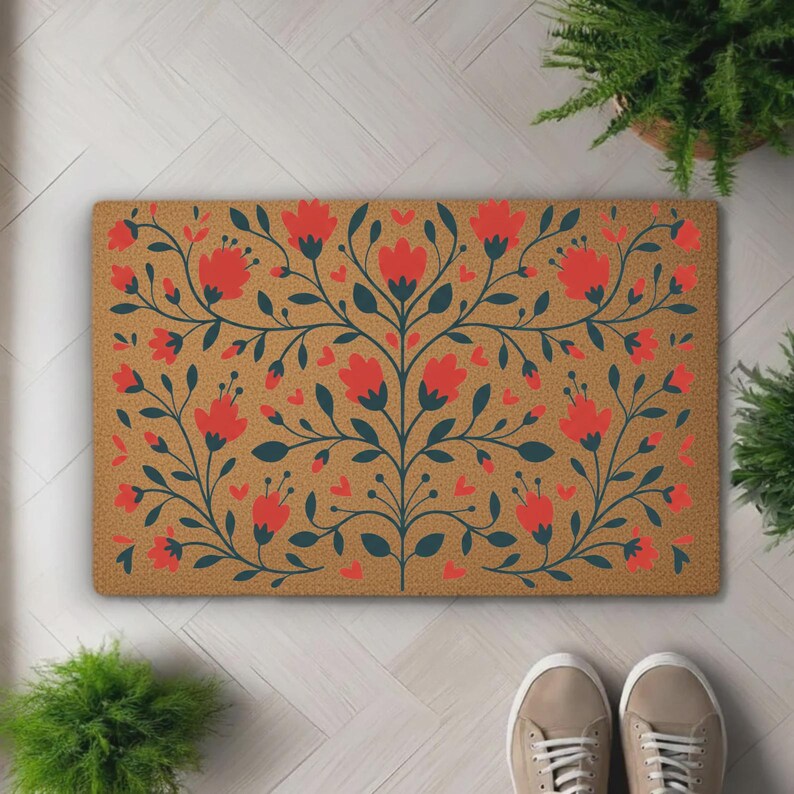 Retro Poppy Coir Doormat, Boho Floral Welcome Mat - Etsy
