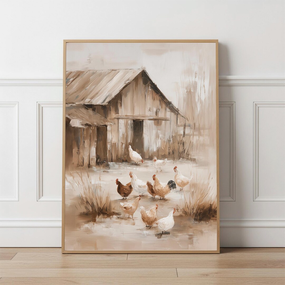 Vintage Farmhouse Poultry Oil Painting Effect, Rustic Chicken Coop Art ...
