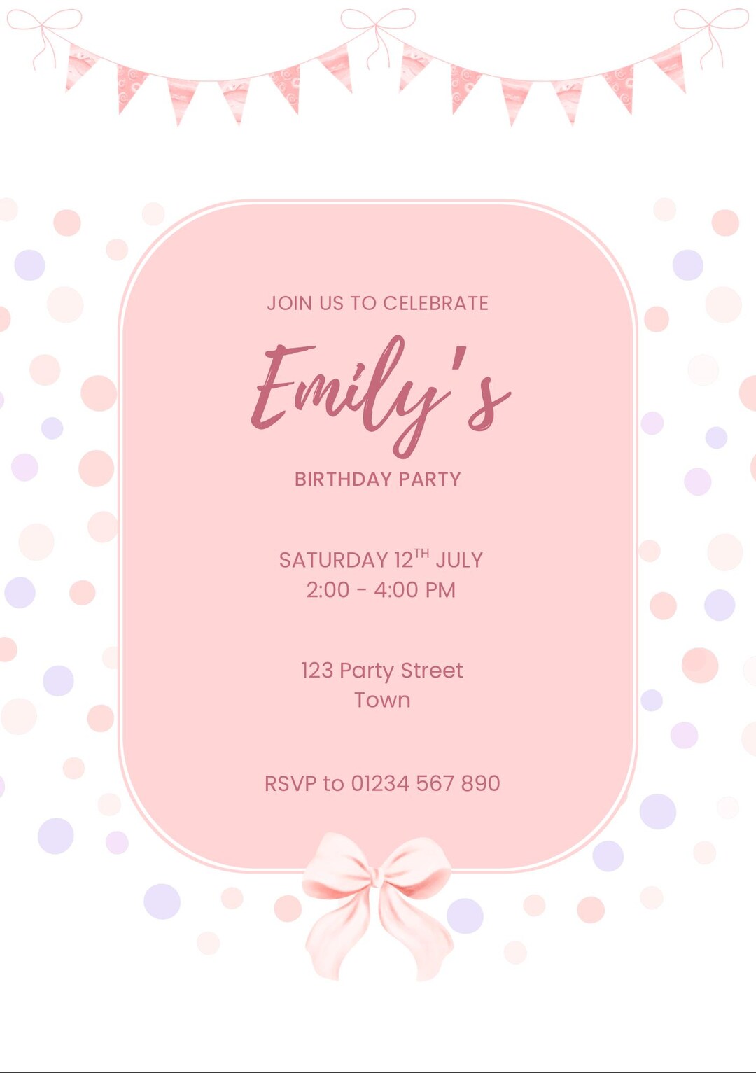 Editable Birthday Party Invitation | Pink Bow Girls Birthday Invite ...