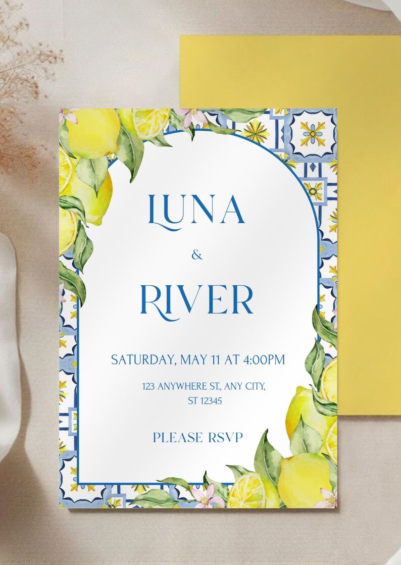 Blue and Yellow Lemon Theme Wedding Invitation Template, Editable Canva ...