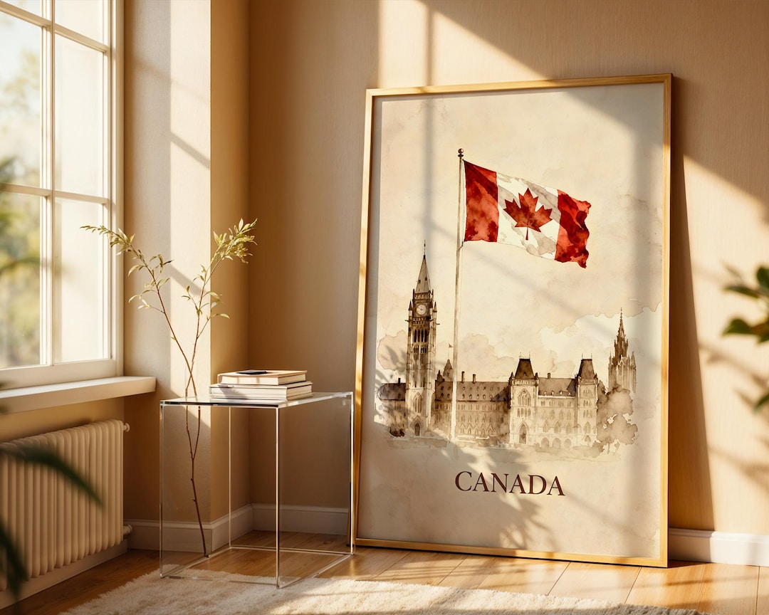 Canada Watercolor Wall Art, Canadian Flag & Parliament Print, Vintage ...