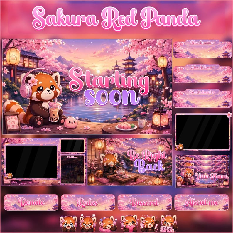 Sakura Red Panda Stream Package Animated Cute Japanese Twitch Overlay ...
