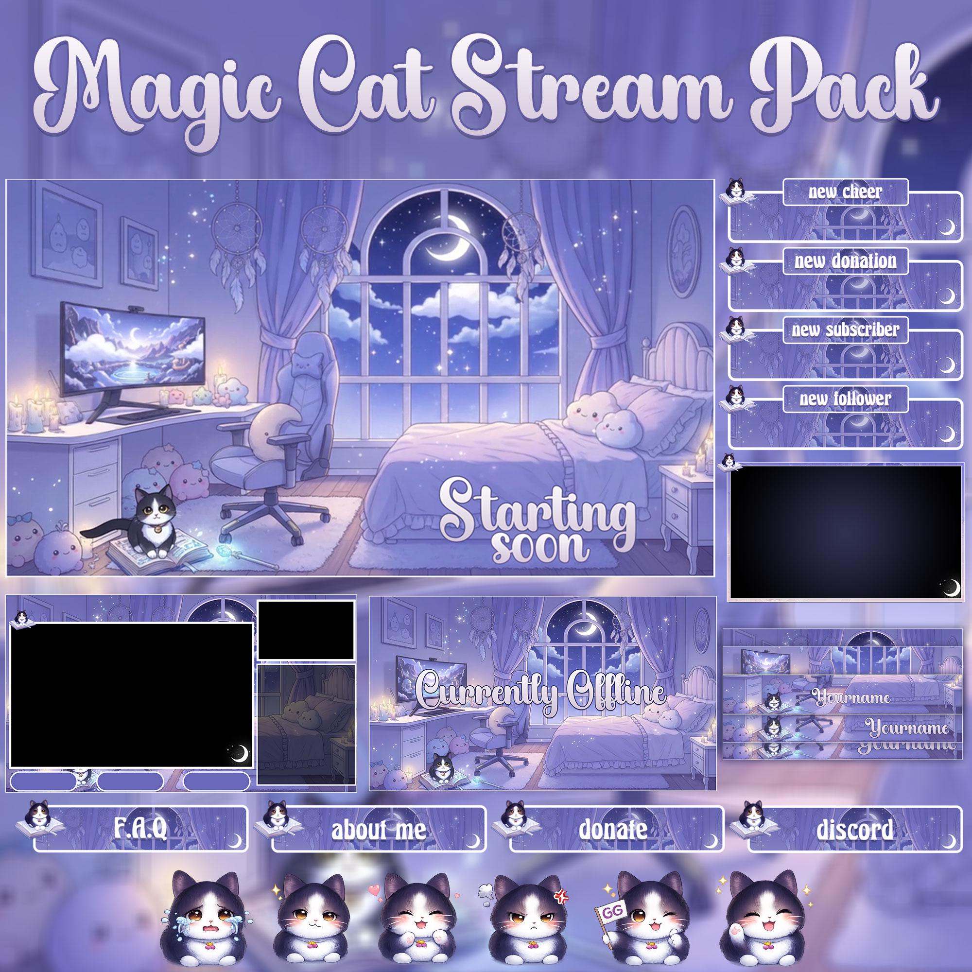 Magical Cat Animated Stream Overlays Package | Fantasy Overlay Bundle ...