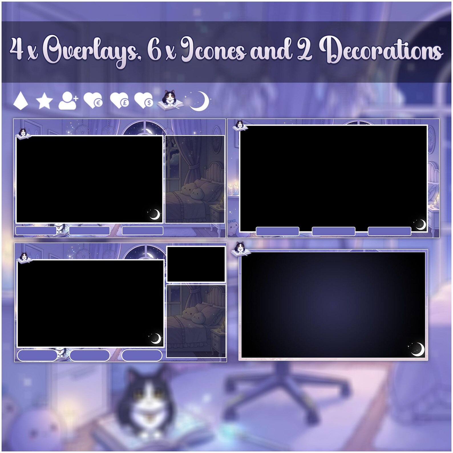 Magical Cat Animated Stream Overlays Package | Fantasy Overlay Bundle ...