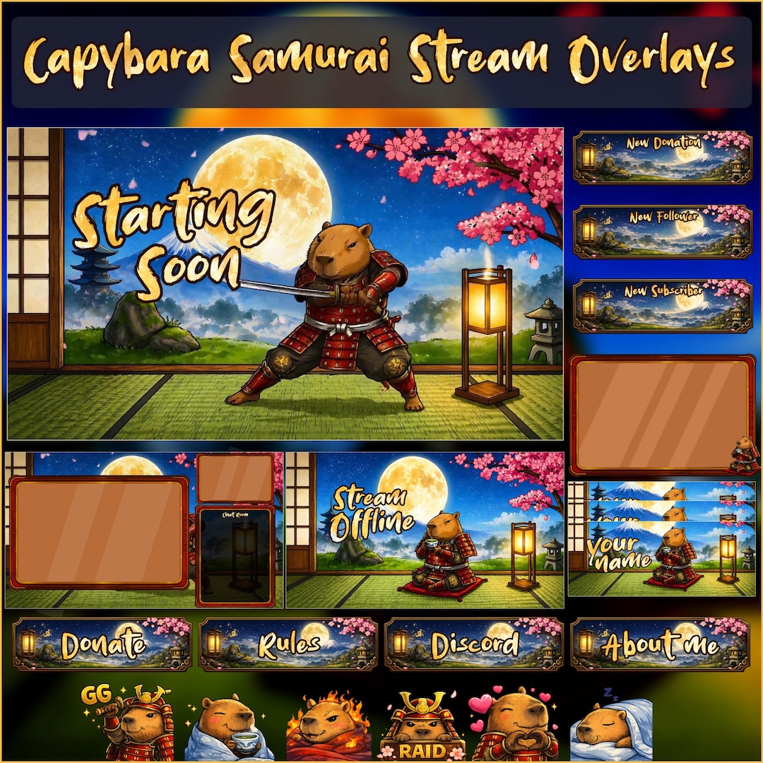 Capybara Samurai Stream Overlays Animated, Japanese Warrior Twitch ...