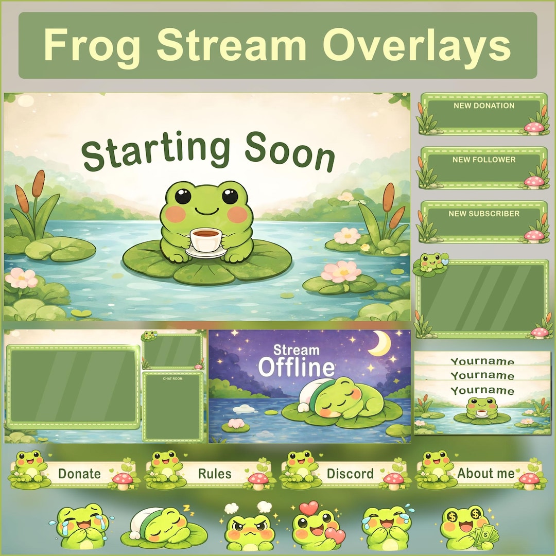 Frog Animated Stream Overlay Pack | Cute Cottagecore Frog Overlay ...