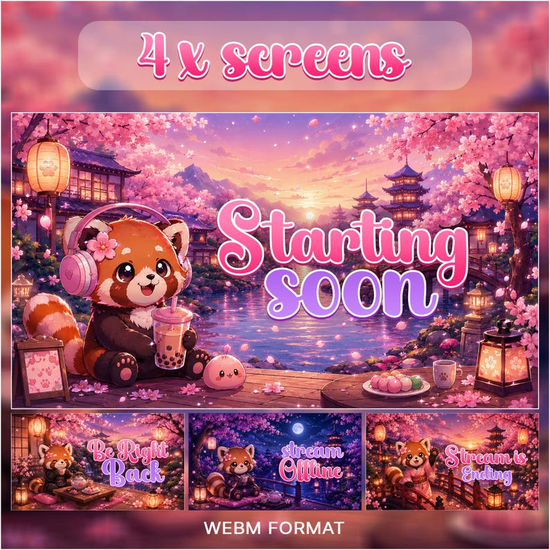 Sakura Red Panda Stream Package Animated Cute Japanese Twitch Overlay ...