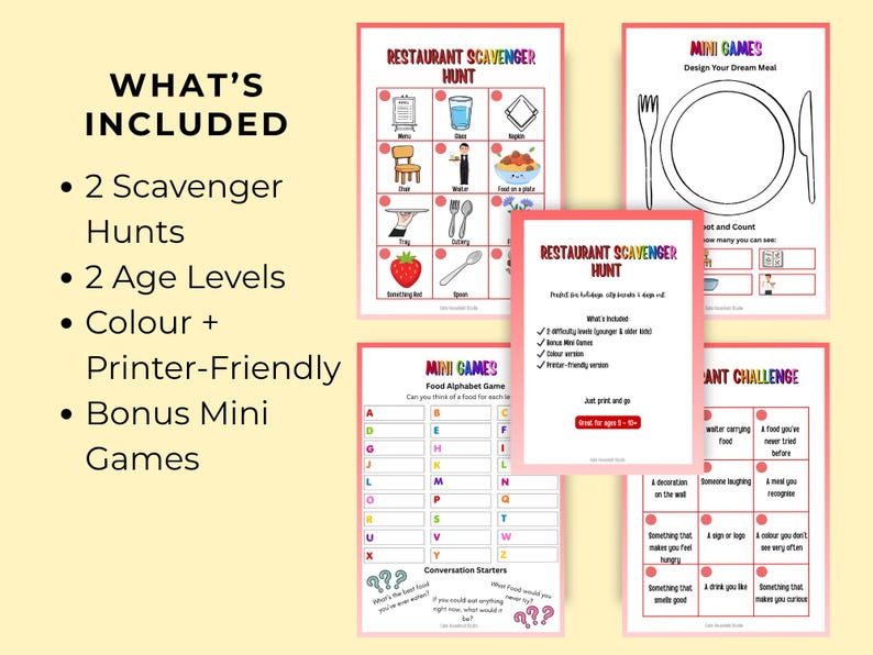 Restaurant Activity Pack for Kids | Scavenger Hunt, Games (digital ...