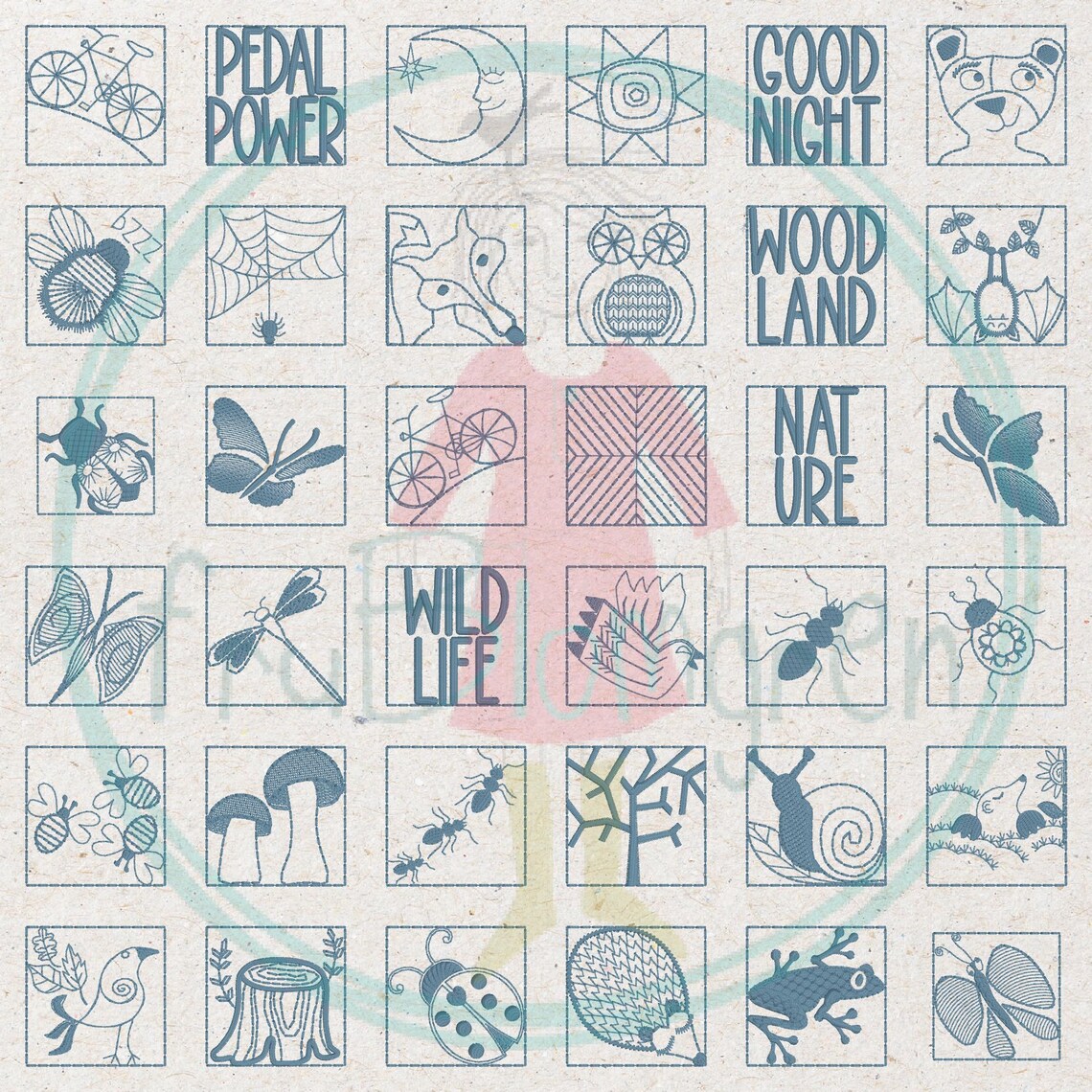 FAUNA Themed Sashiko Style Squares – 36 Hand Drawn 2x2" Designs + 7 ...
