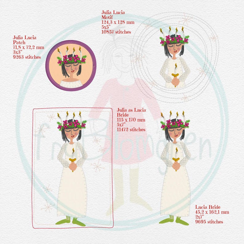 Santa Lucia Bride: 4 Hand-drawn Machine Embroidery Appliqué Designs for ...