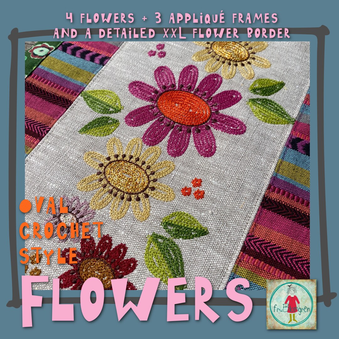 Machine Embroidery Flowers Crochet Style - Hand Drawn Oval Flower ...