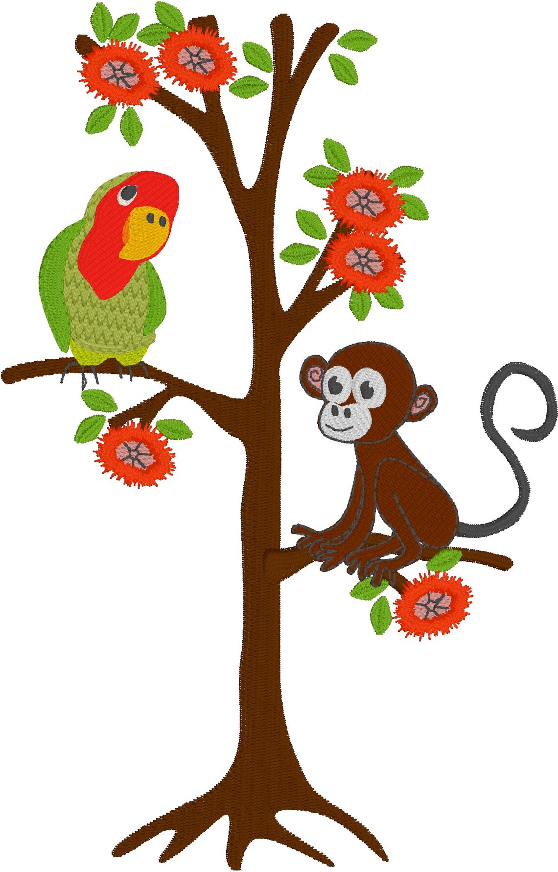 4 Cute and Detailed Motifs of Little Parrot and Monkey in a Blooming ...
