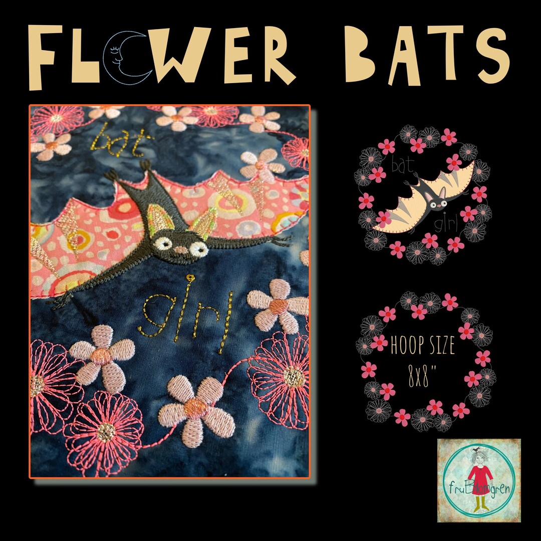Single Design - APPLIQUÉ BAT in a Wreath of Flowers - for Hoop Size 8 X ...