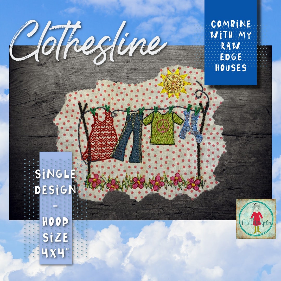 Tiny Machine Embroidery Clothesline With Hand Drawn Garments Blowing in ...