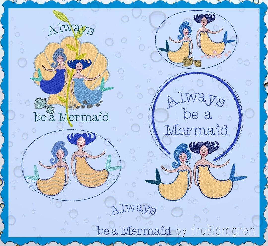 4 Awesome Mermaid Motifs for the 5 X 7" Hoop - 13 X 18 Cm - Hand Drawn ...