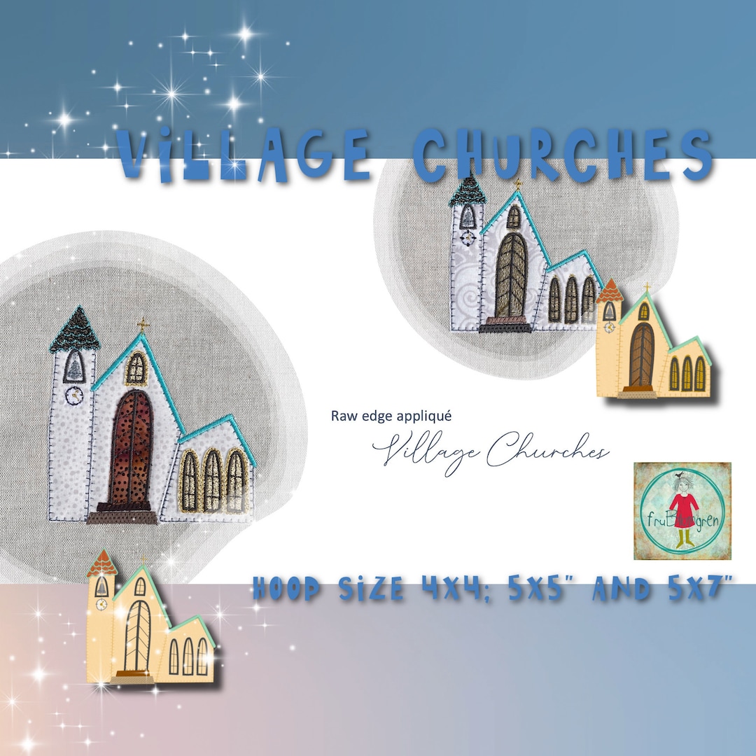 Appliqué Village Churches - Small - Detailed, Hand Drawn, Raw Edge ...