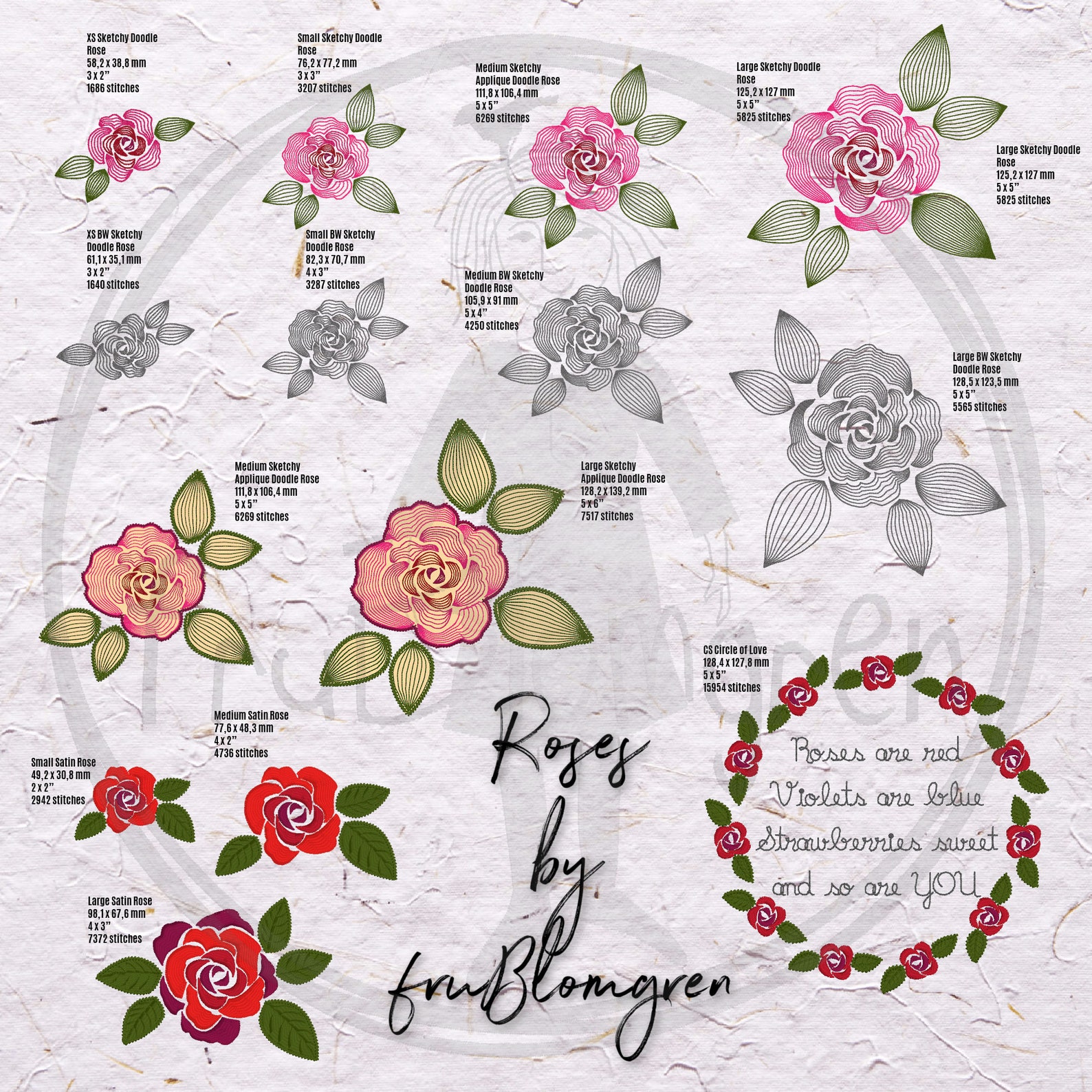 14 Roses Hand Drawn Machine Embroidery Designs Various - Etsy