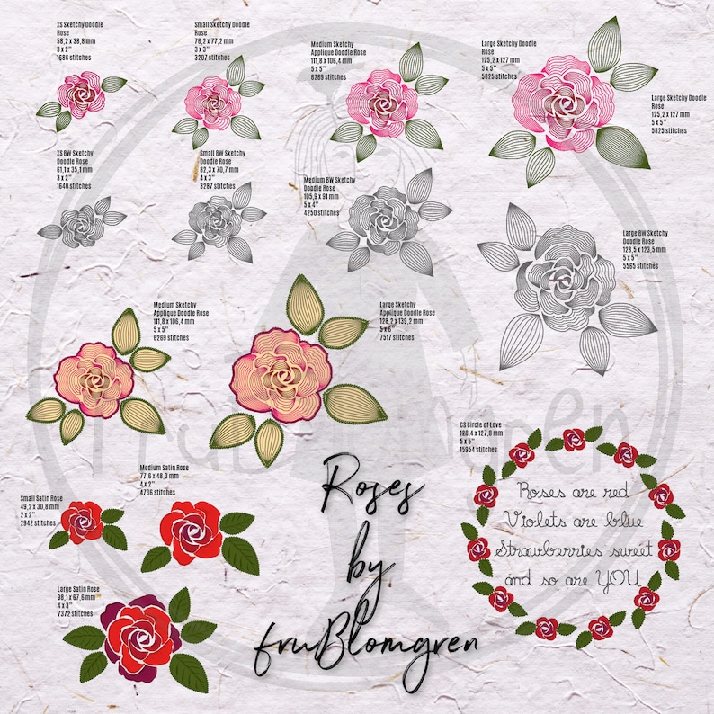 14 Roses Hand Drawn Machine Embroidery Designs Various - Etsy