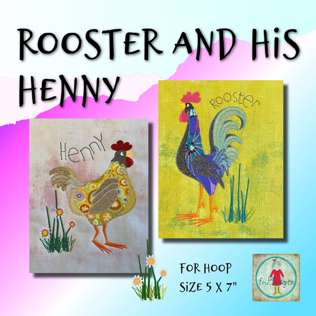 ROOSTER and His HENNY - Detailed, Hand Drawn Appliqué and Embroidery ...