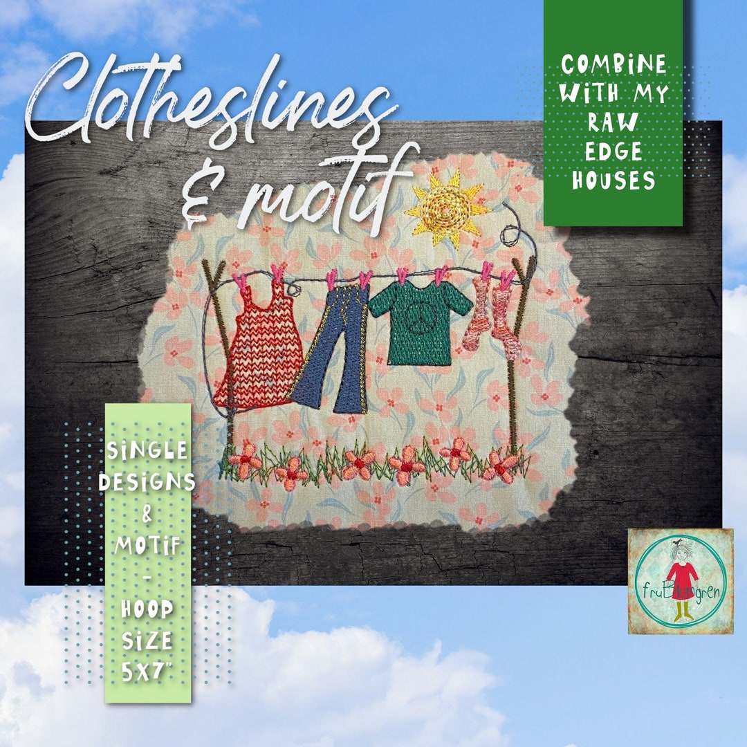 Machine Embroidery Clotheslines With Hand Drawn Garments Blowing in the ...
