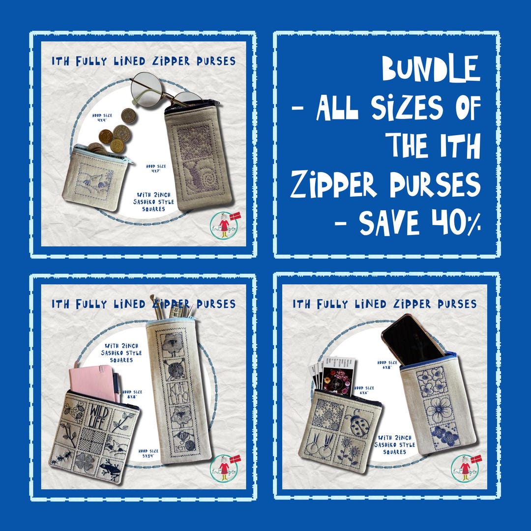 BUNDLE of ITH Zipper Purses - Fully Lined - Sashiko Style Square Motifs ...