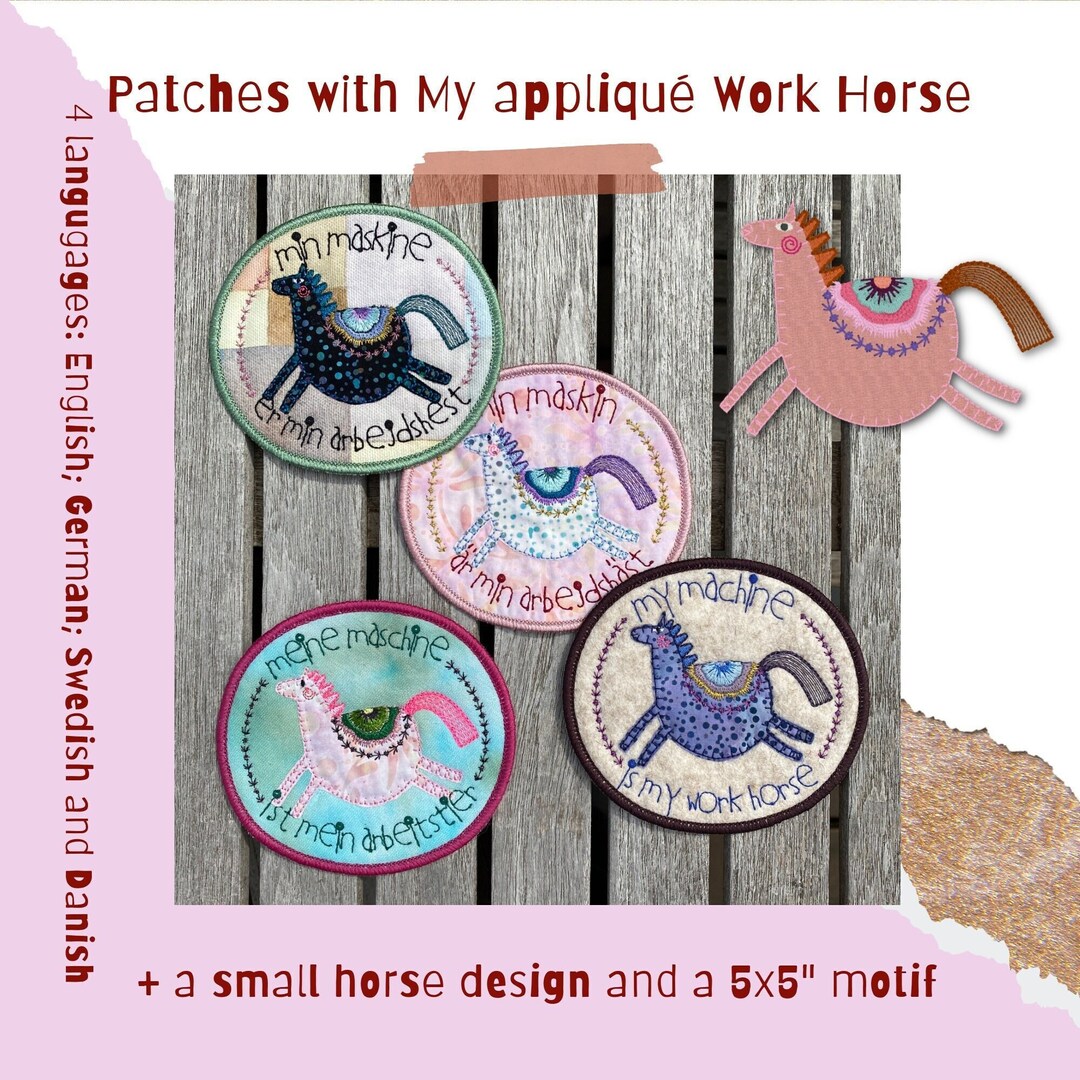 ITH Patches With Appliqué Work Horses in 4 Languages - for Hoop Size ...