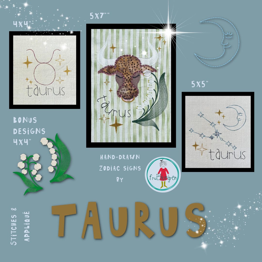 Taurus Zodiac Sign - Hand-drawn Machine Embroidery Designs – for Hoop ...