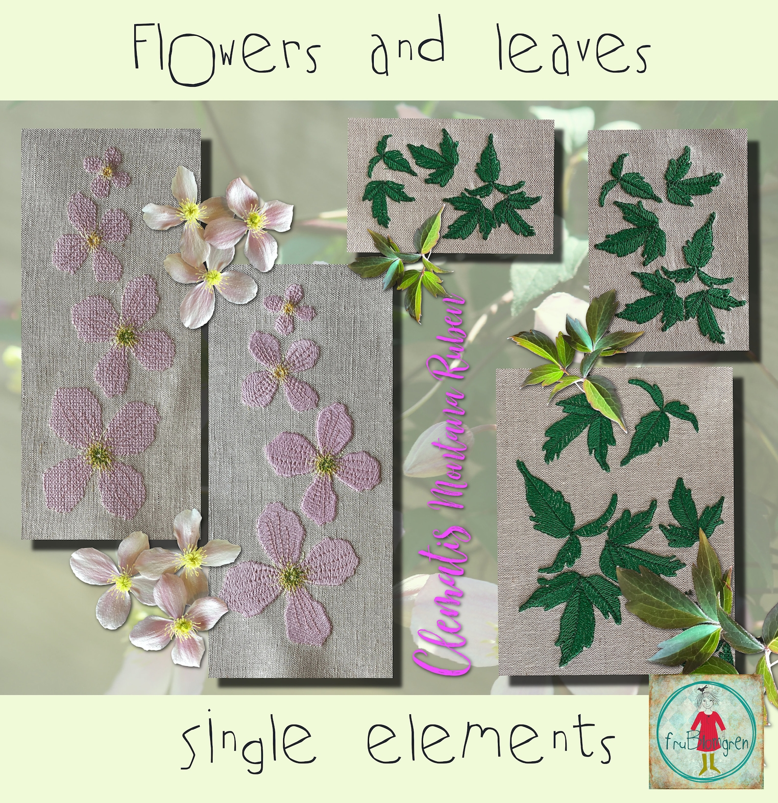 Bundle With 23 Machine Embroidery Elements - Clematis Flower and Leaves ...