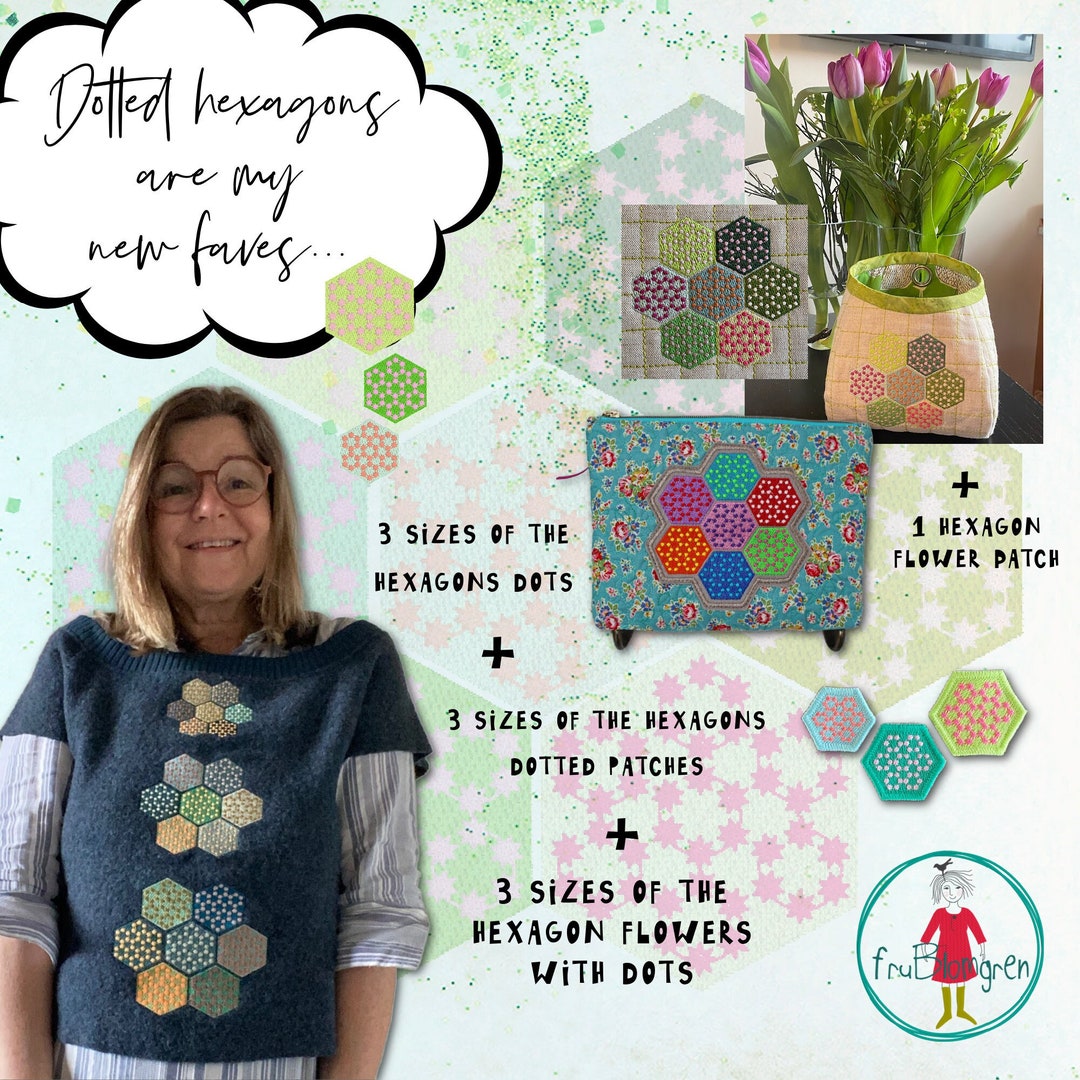 10 Hexagon Fill Stitch Designs With French Dot Flowers, Machine ...