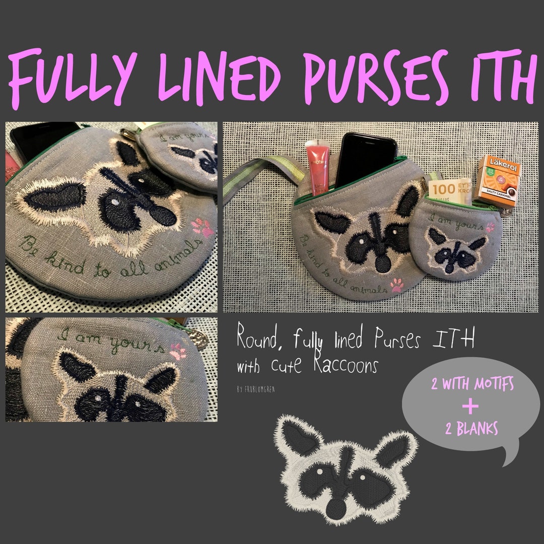 Round FULLY LINED ITH Purses With Hand Drawn Raccoon Motifs, 2 Sizes (5 ...