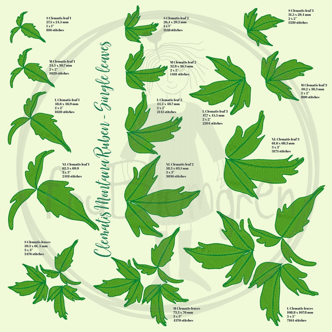 Bundle With 23 Machine Embroidery Elements - Clematis Flower and Leaves ...